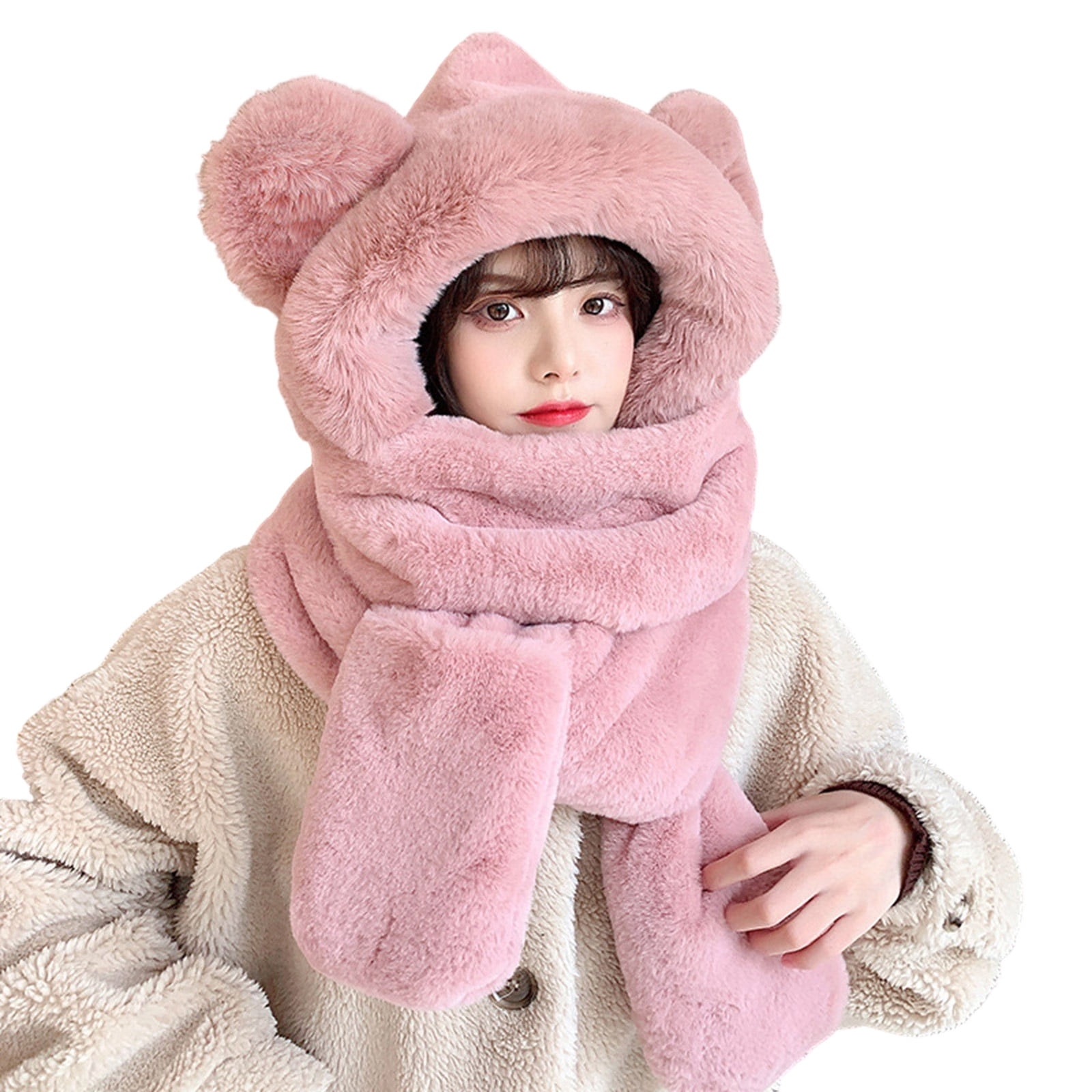 Casual Winter Bear Headwear Gloves for Women Warm Ushanka Skull Cap ...