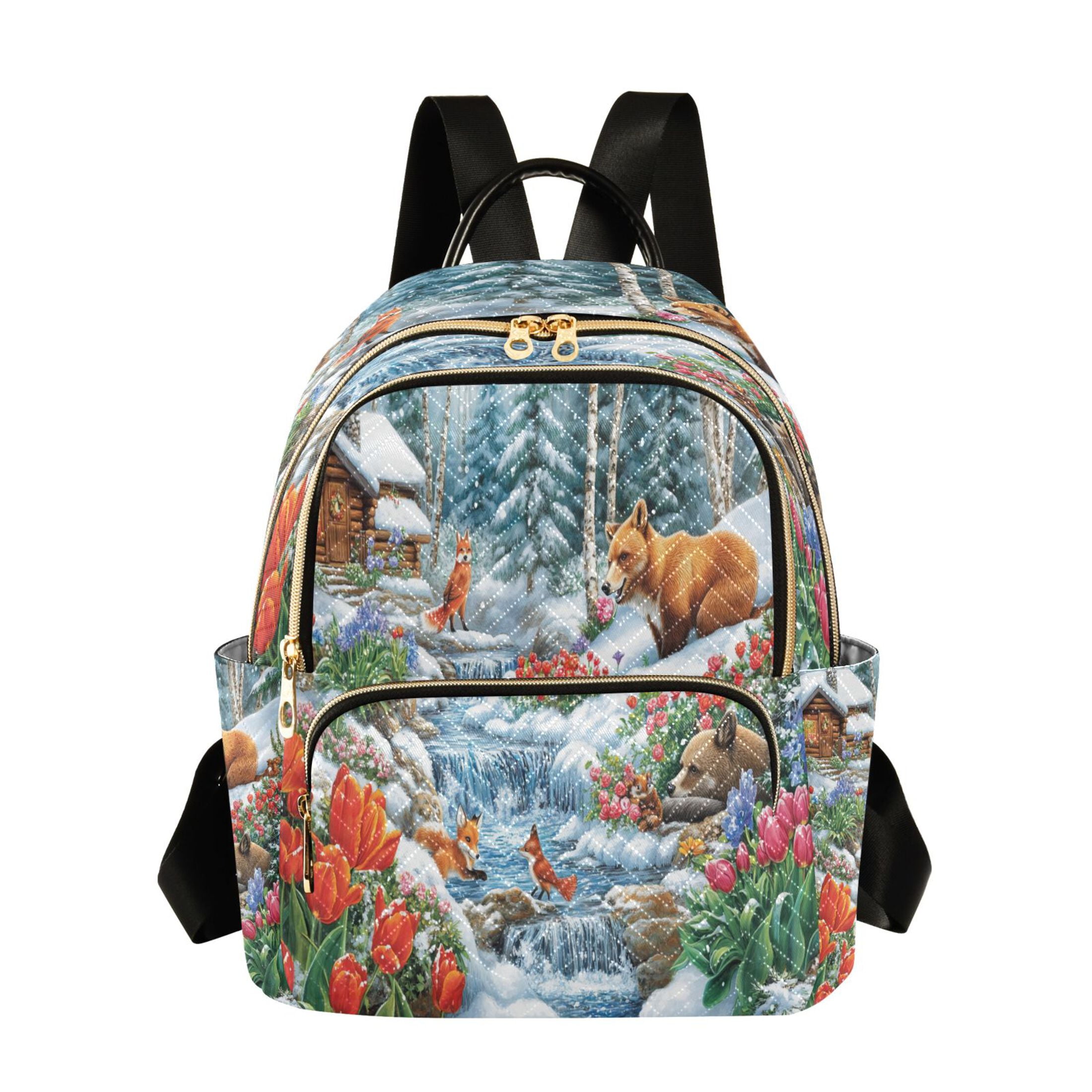 Casual Winter Scene with Animals Cabin Backpack for School,College and ...