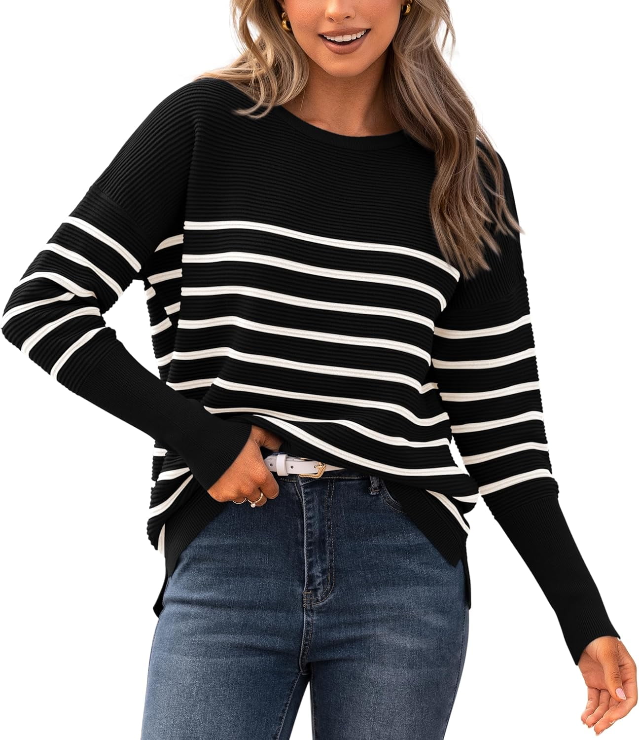 Casual Women Fall Sweater Long Sleeve Ribbed Knit Pullover Loose ...