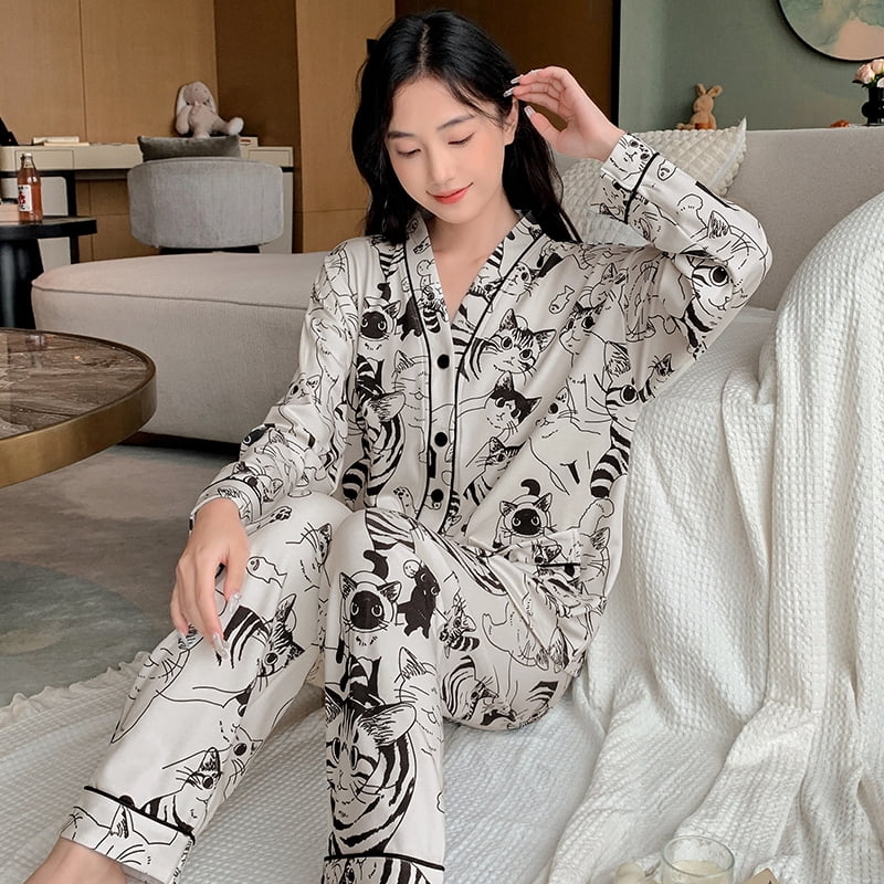 Casual Women Pajamas Set Autumn Winter Long Sleeves Long Pants Girl ...