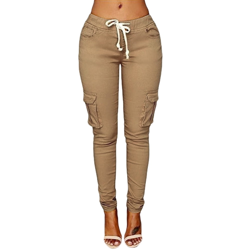 Casual Women Solid Color Skinny Cargo Pants Pockets Drawstring Joggers ...