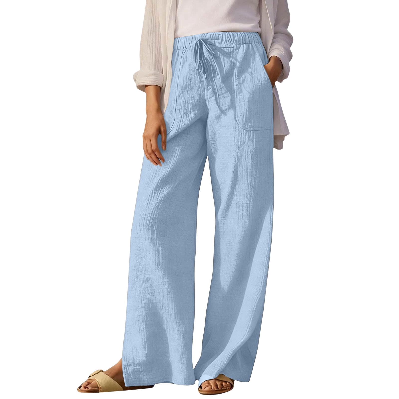 Casual Women Trousers with Drawstring Waist, Pockets, and Side Slit ...