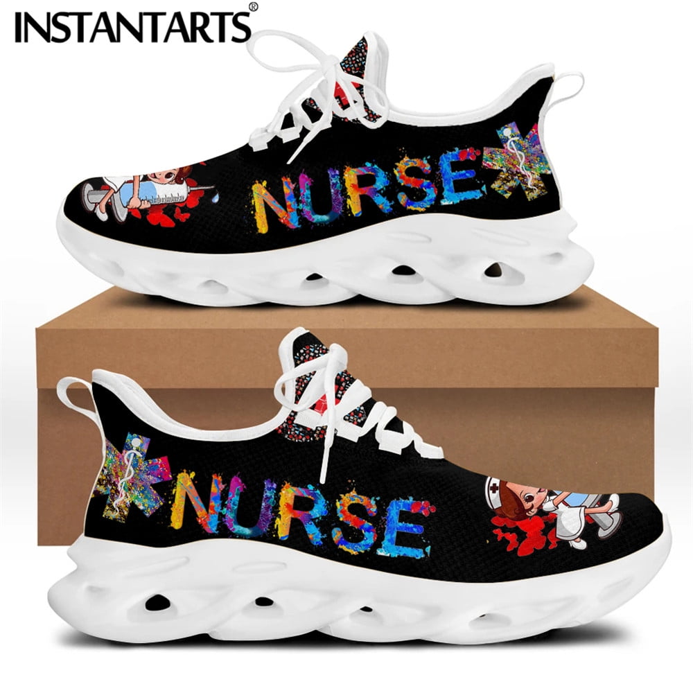 Casual Women White Nurse Shoes Cartoon Heartbeat Art Medical Flat ...