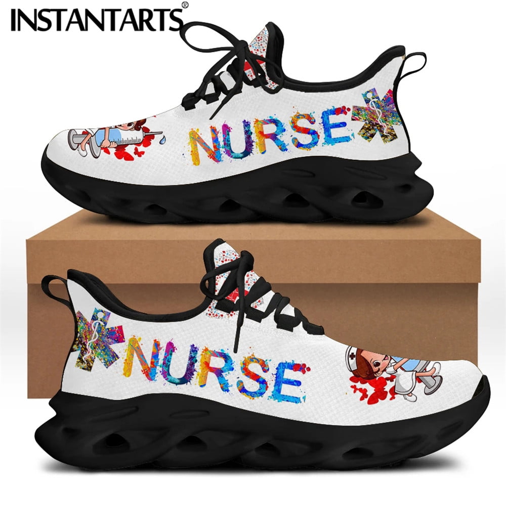 Casual Women White Nurse Shoes Cartoon Heartbeat Art Medical Flat ...
