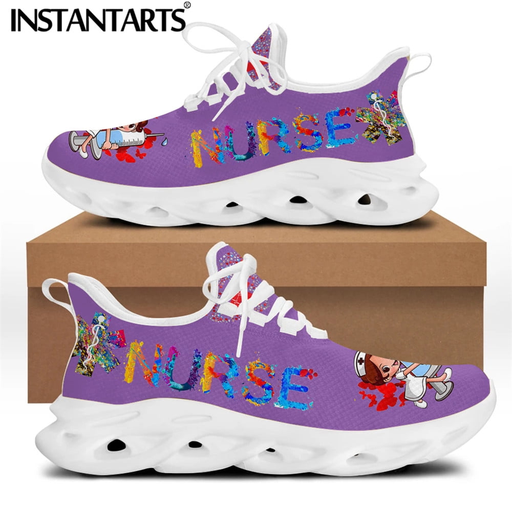 Casual Women White Nurse Shoes Cartoon Heartbeat Art Medical Flat Sneakers for Ladies Lace Up ...