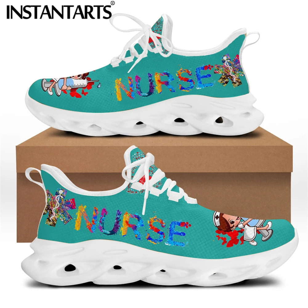 Casual Women White Nurse Shoes Cartoon Heartbeat Art Medical Flat ...