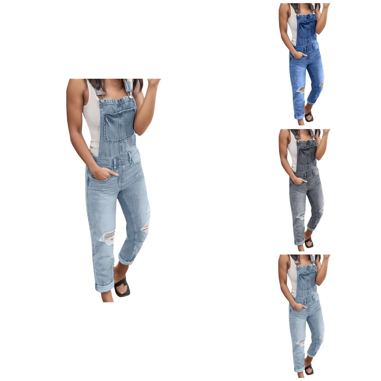 Casual Women's Denim Rompers Denim Overalls Ripped Washed Bib Jumpsuits ...