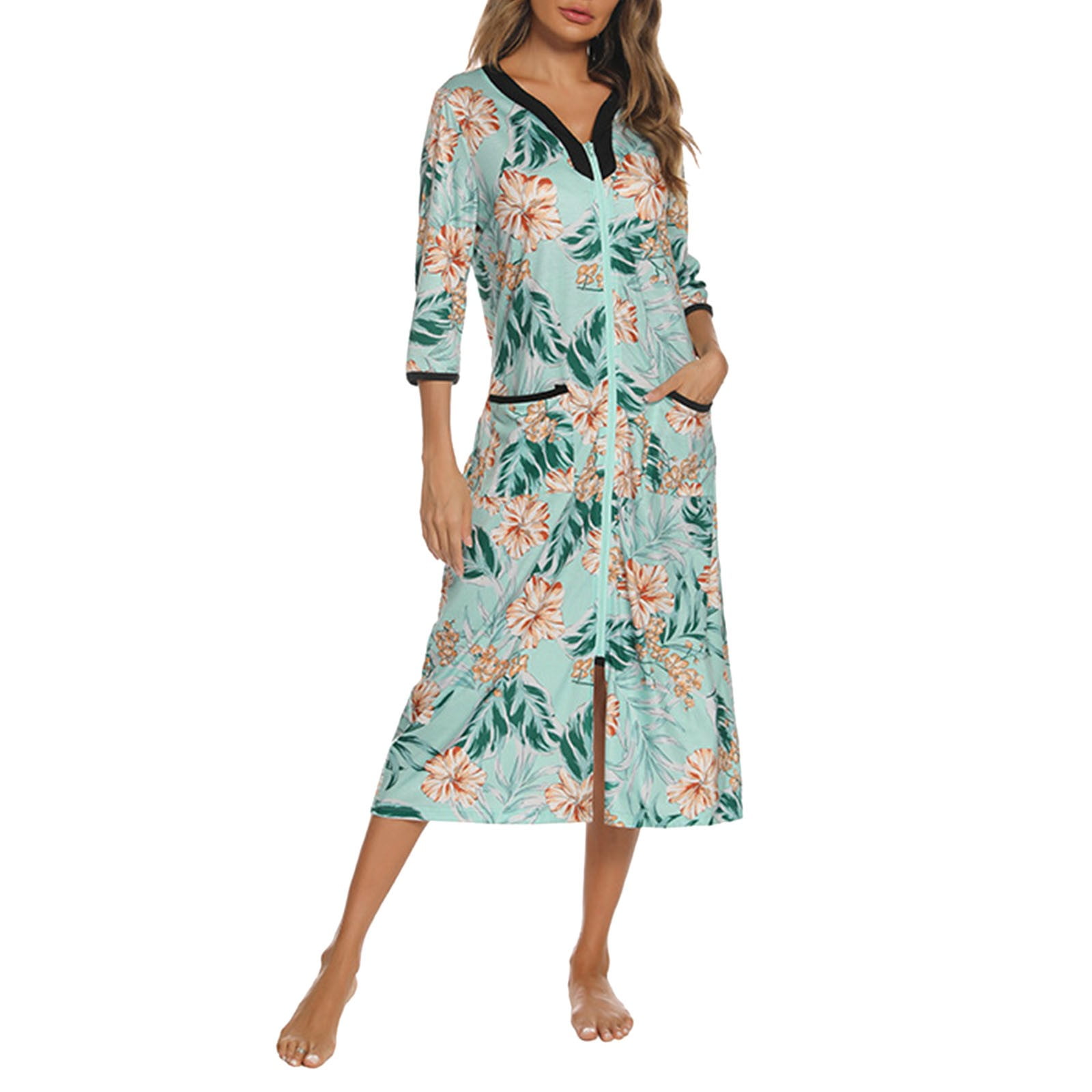 Casual Women's Nightgown Comfortable Zipper Front Robe with Pockets 3/4 ...