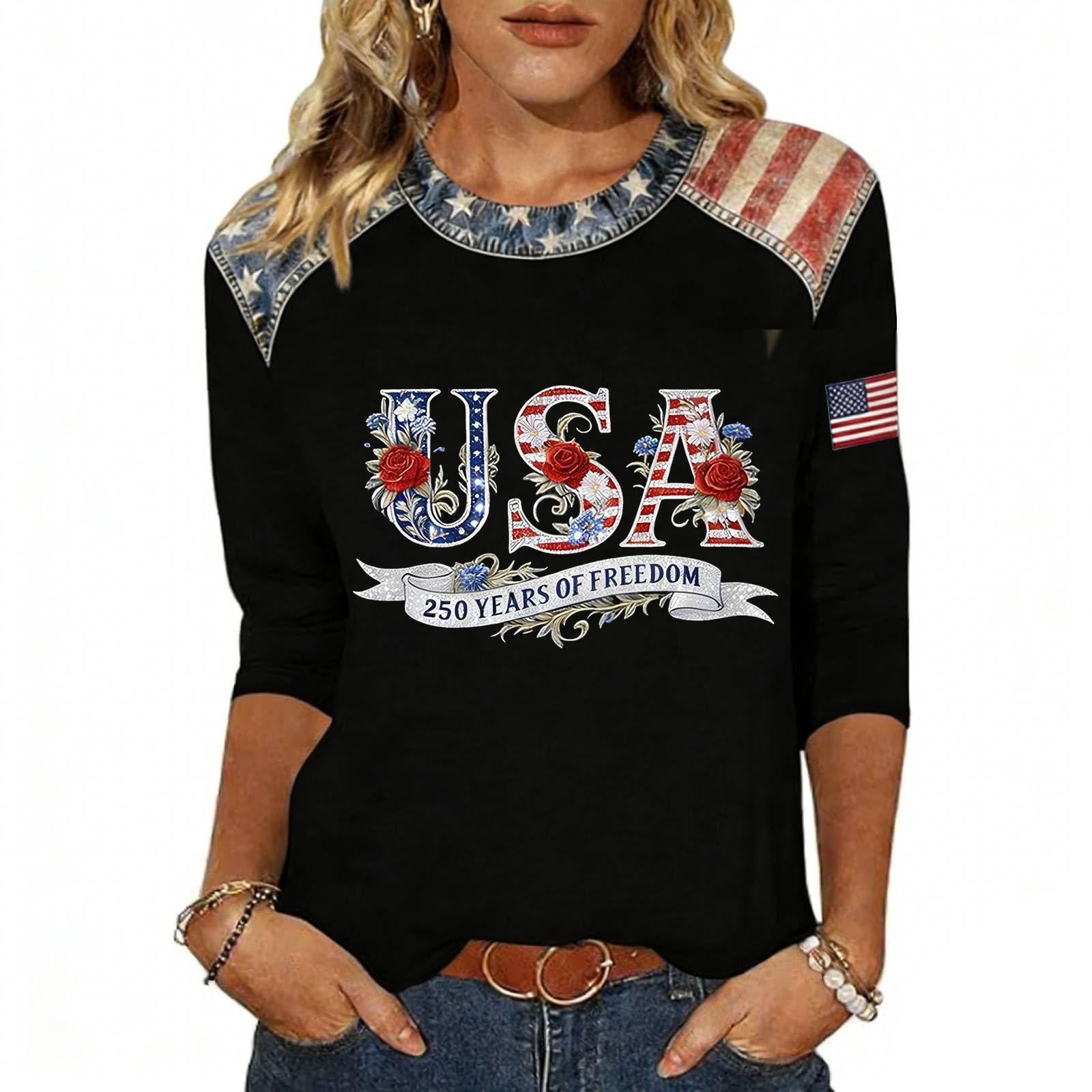Casual Women’s Patriotic 3/4 Sleeve Crew Neck Tee, USA 250 Years of ...
