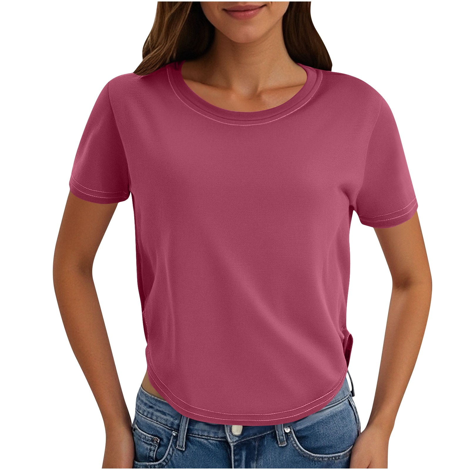 Casual Women's Round Neck Short Sleeve Tee, Solid Color Top with ...