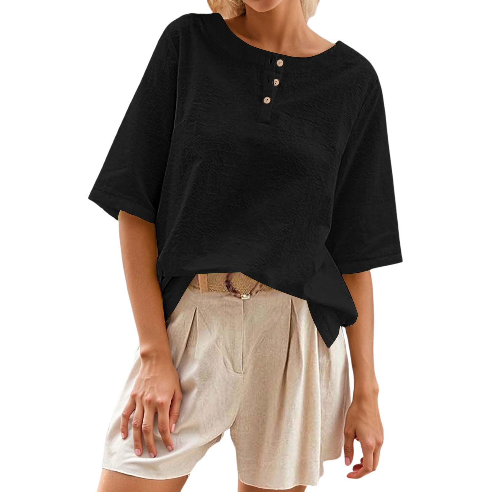 Casual Women's Round Neck T Shirt Button Detail - Short Sleeve ...