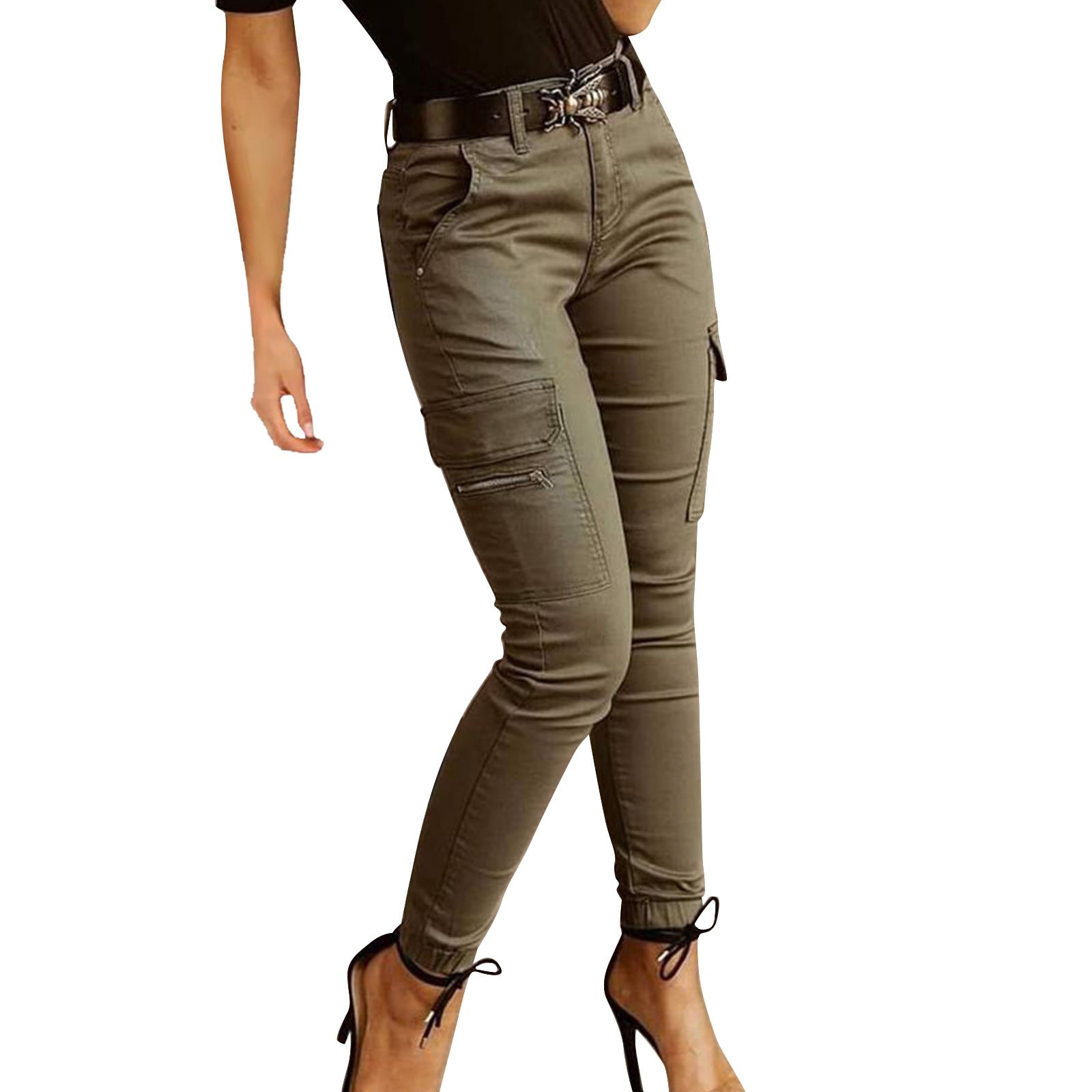 Casual Women's Solid Cargo Pants Belt Casual Zipper Pocket without ...