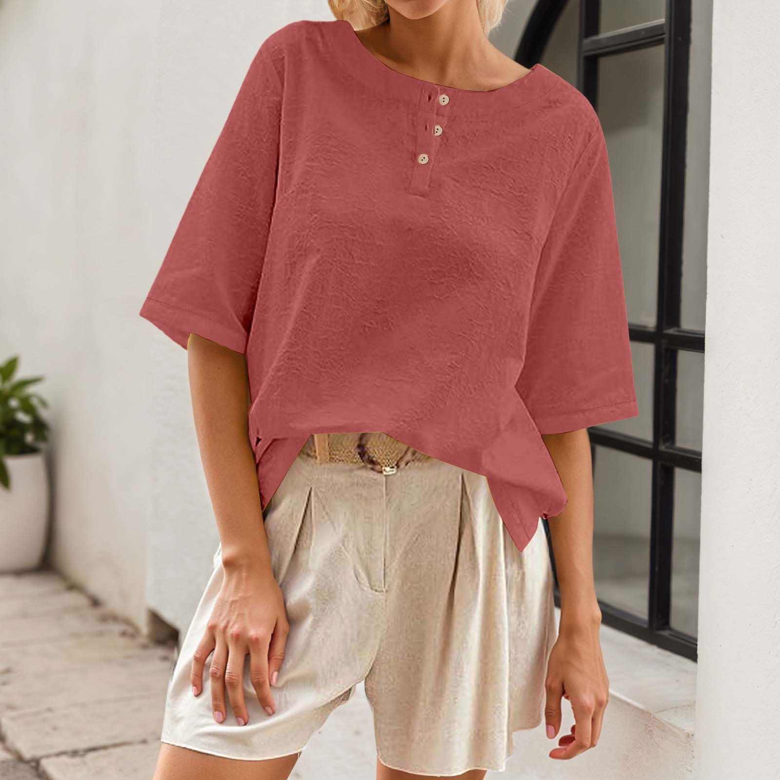 Casual Women's T Shirts Classic Round Neck with Button Detail Short ...