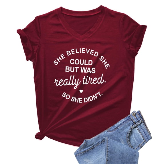 Casual Women's Wine Red Short Sleeve V-Neck Graphic Knot Hem T-Shirt ...