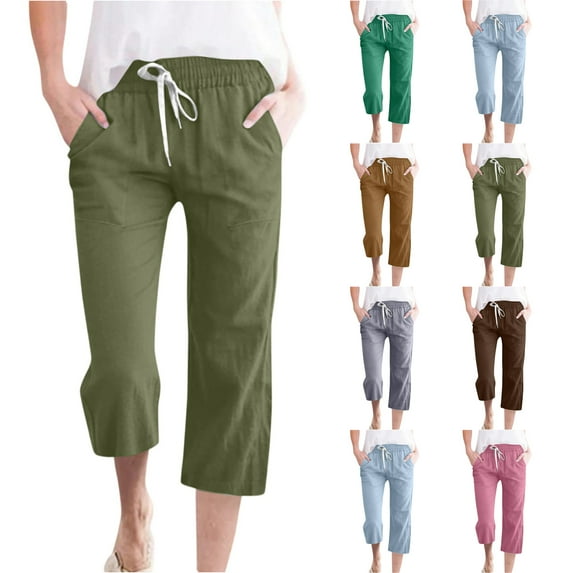 Casual Womens Capri Pants Wide Leg 3/4 Length Spring Summer Drawstring ...