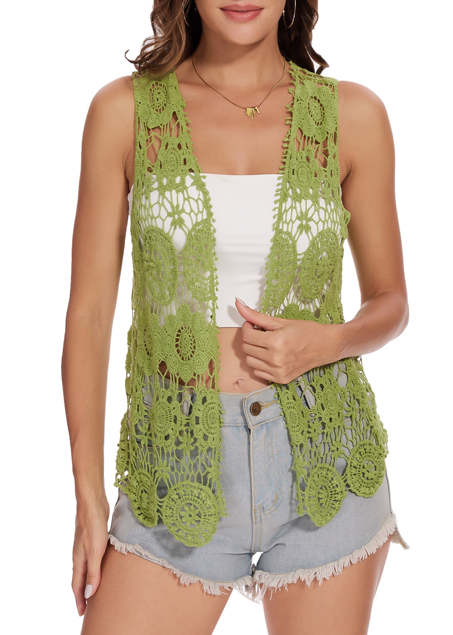 Casual Womens Floral Crochet Lace Trim Sleeveless Pom Fringe Open Front ...