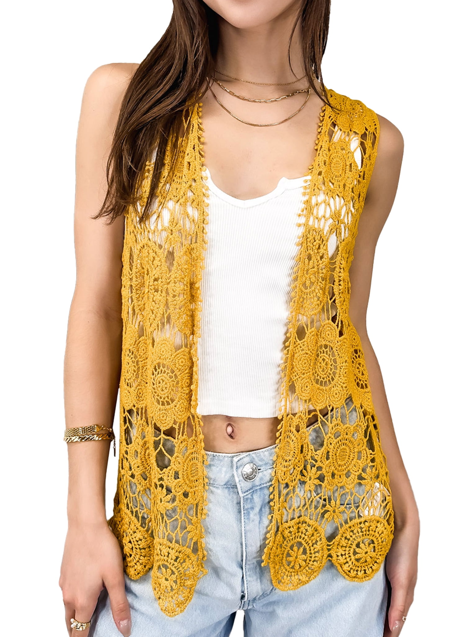 Casual Womens Floral Crochet Lace Trim Sleeveless Pom Fringe Open Front ...