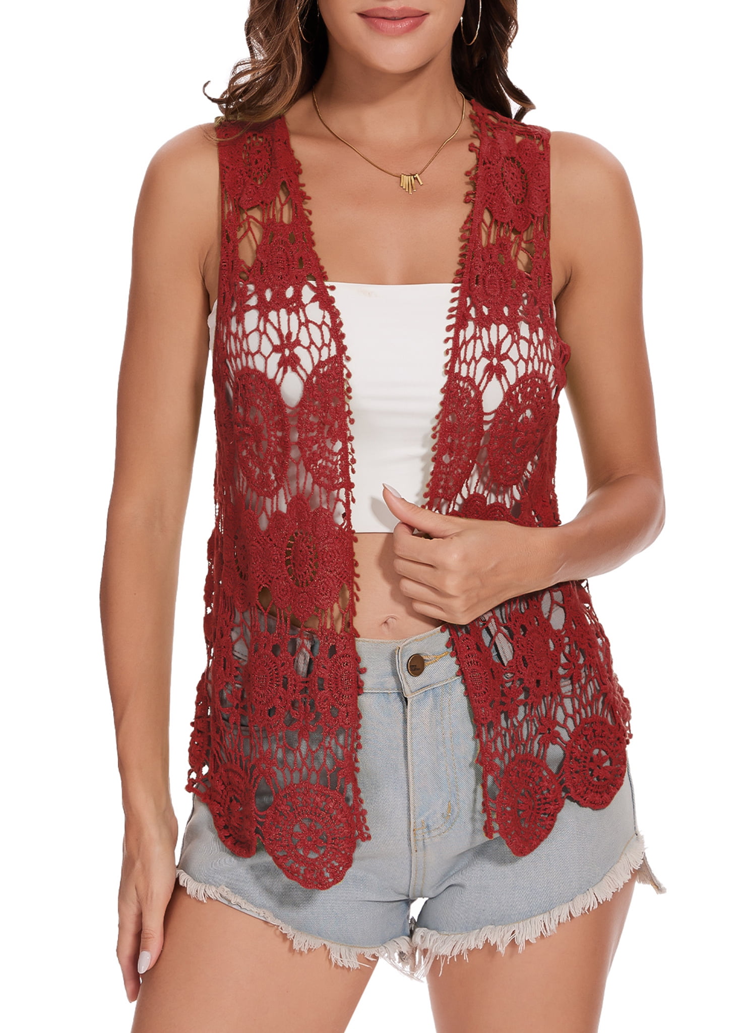 Casual Womens Floral Crochet Lace Trim Sleeveless Pom Fringe Open Front ...