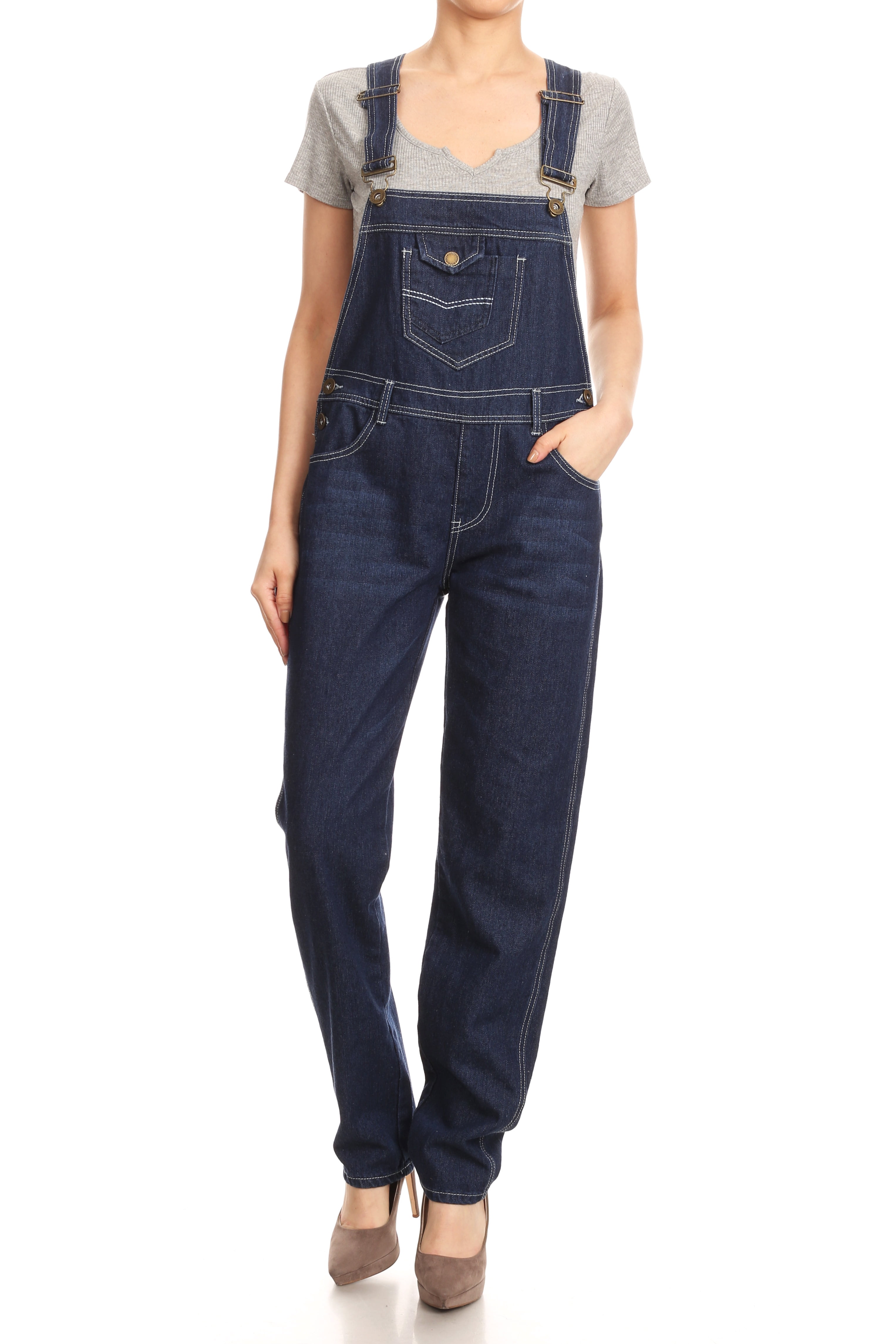 Casual Womens Vintage Wash Straight Leg Denim Overalls With Pocket Bib ...