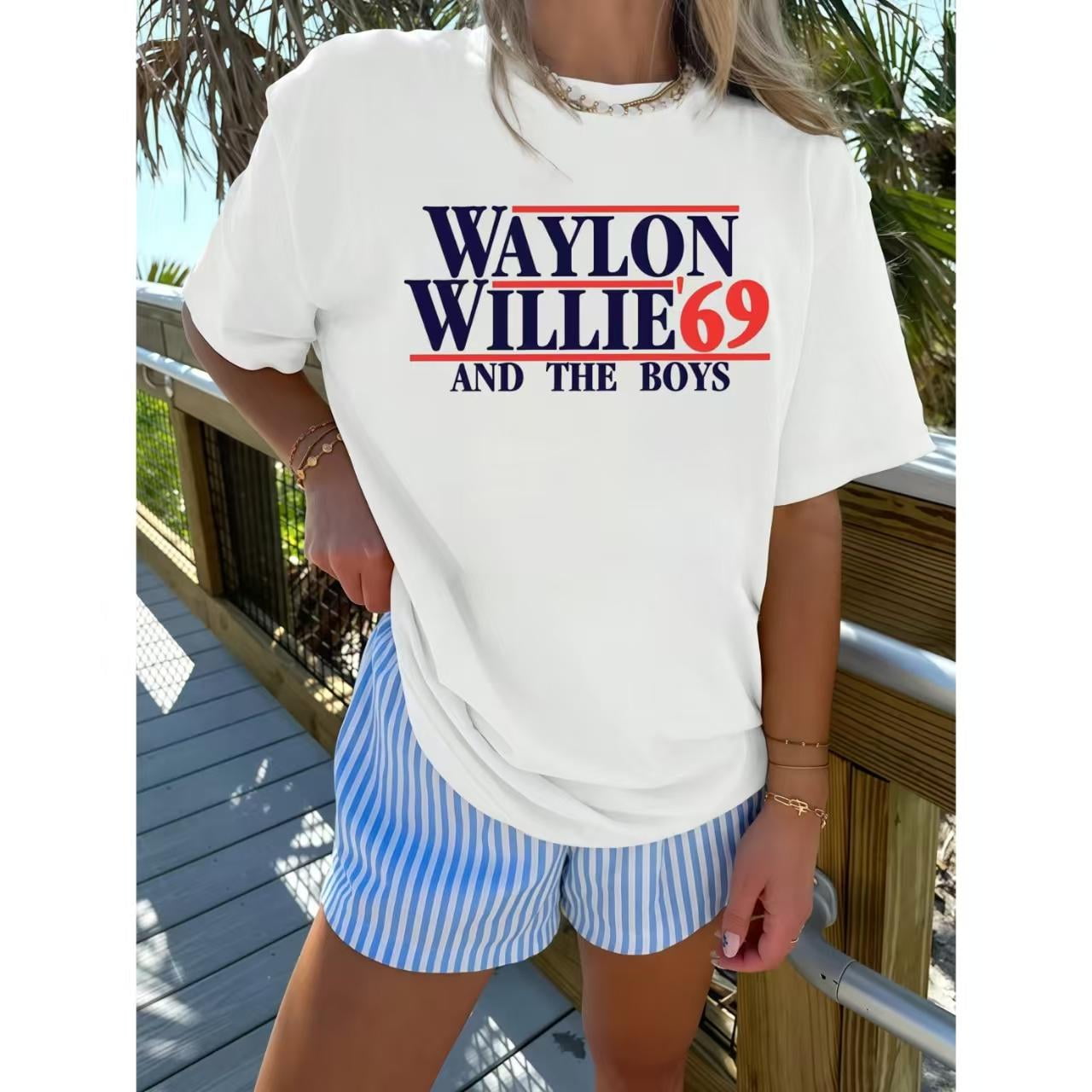 Casual Word Print T Shirt,"Waylon Willie '69 and The Boys"Text, Summer Tops,Short Sleeve Crew ...
