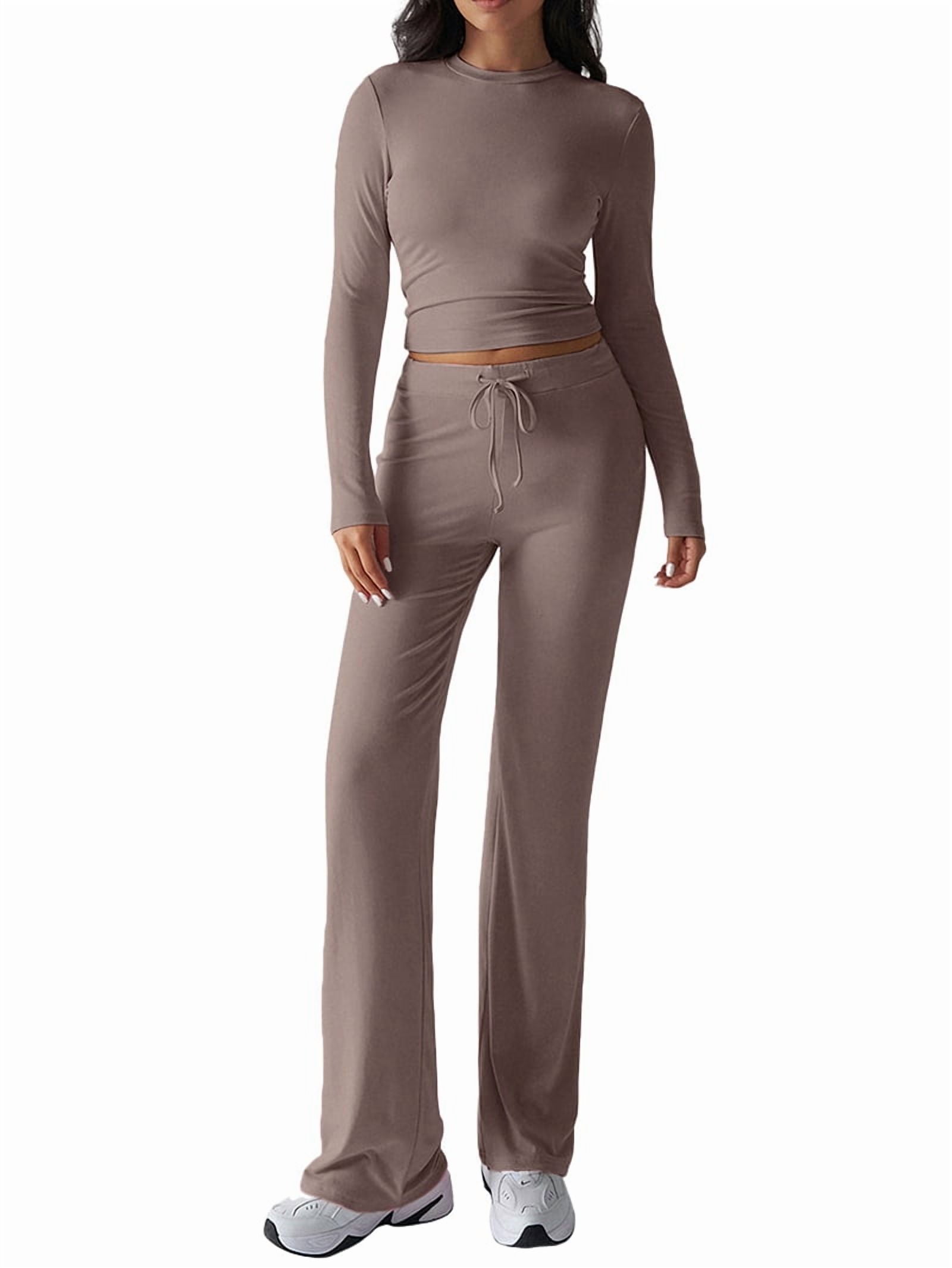 Casual Workout Two Piece Outfits for Women Long Sleeve Crew Neck Crop ...