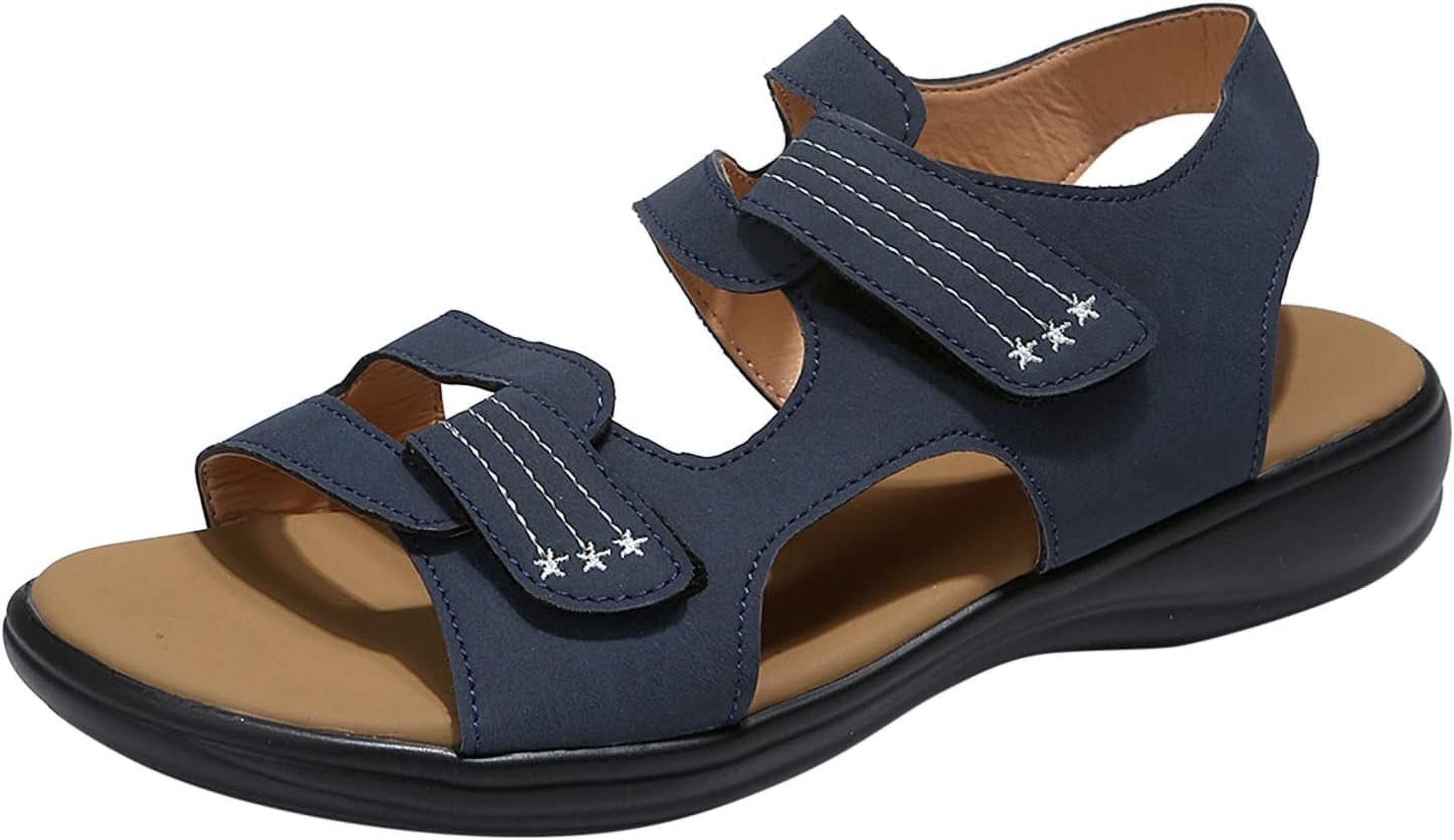 Casual round toe Velcro mid heel women's wedge sandals solid color ...