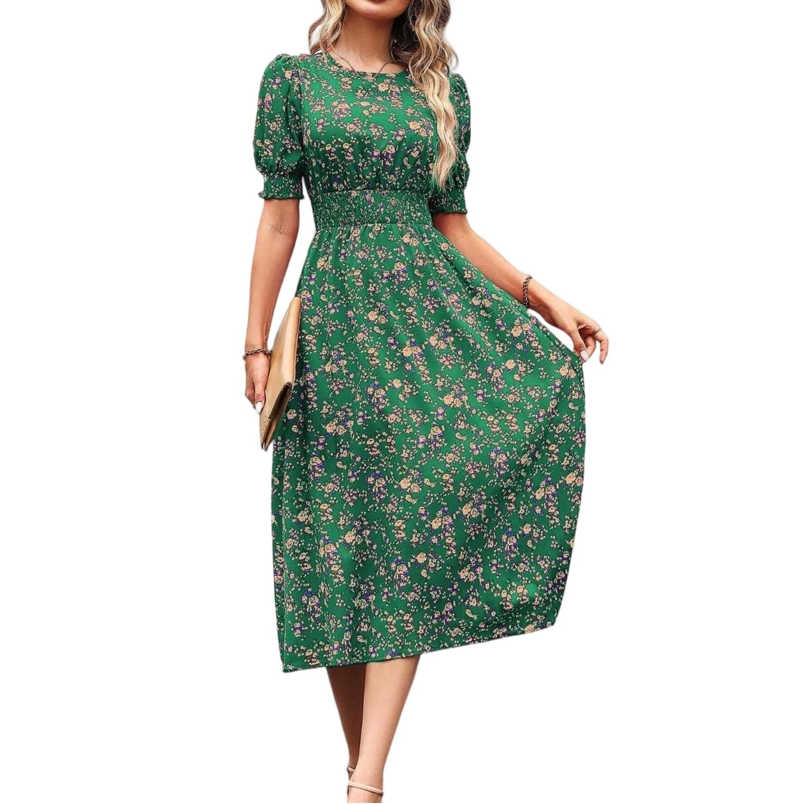 Casual ruffled short-sleeved bohemian floral maxi dress with round neck ...