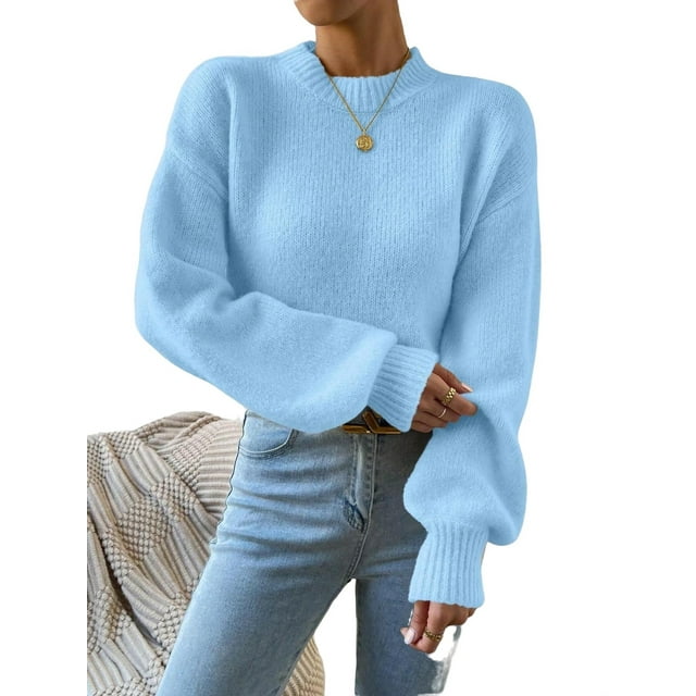 Casual solid Round Neck Pullovers Long Sleeve Baby Blue Women Sweaters ...