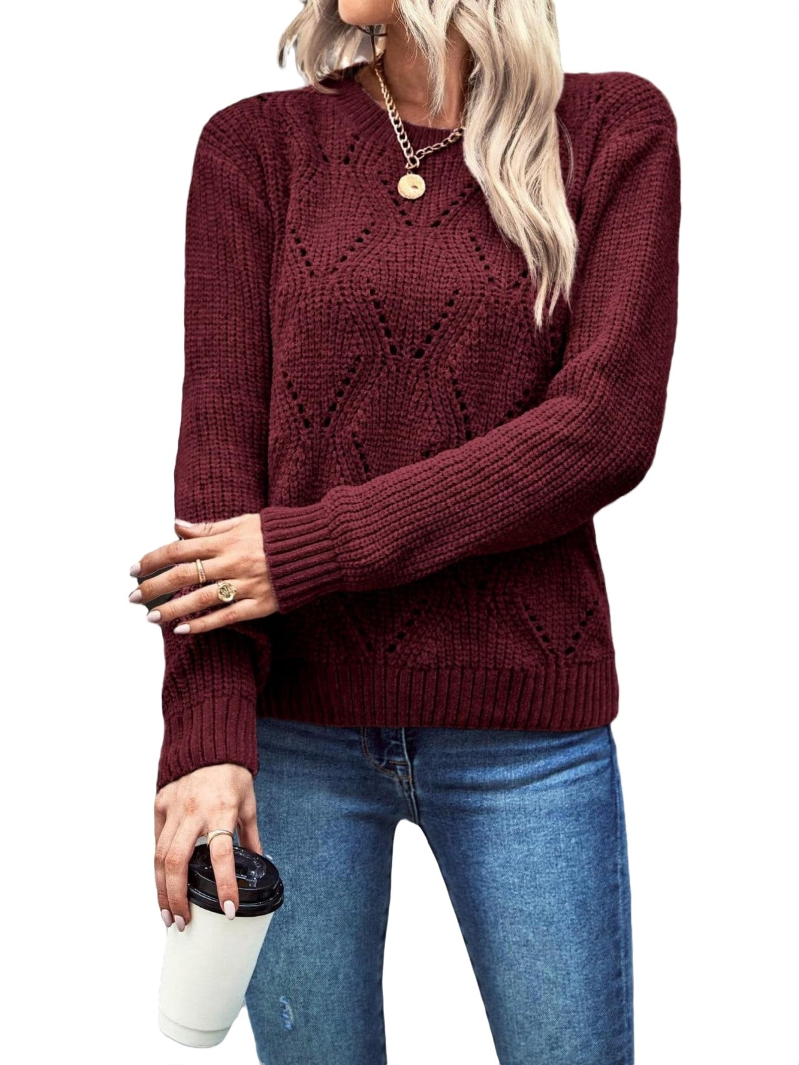 Casual solid Round Neck Pullovers Long Sleeve Burgundy Women Sweaters ...