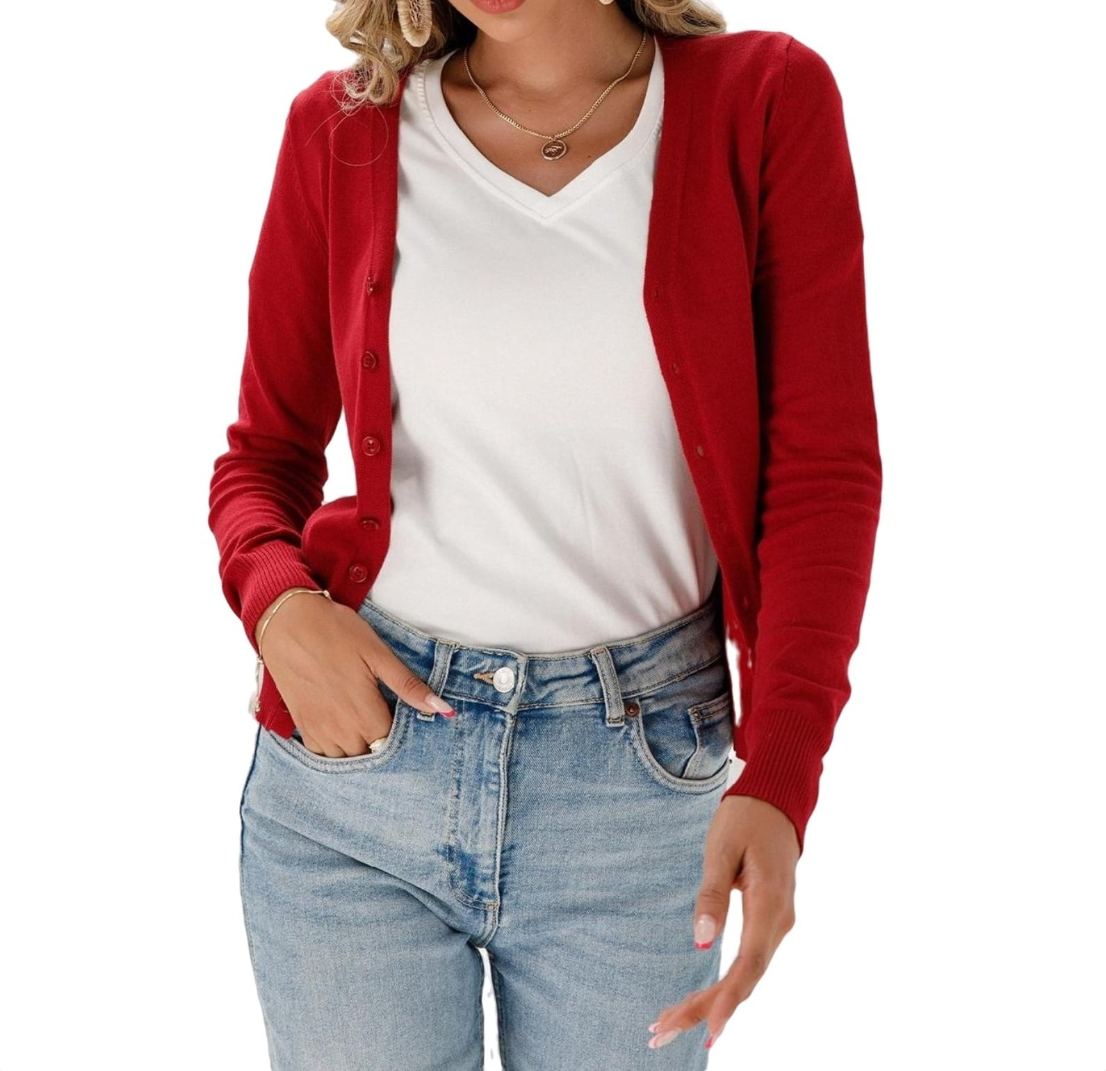 Casual solid V neck Long Sleeve Red Women Cardigans (Women's) - Walmart.com