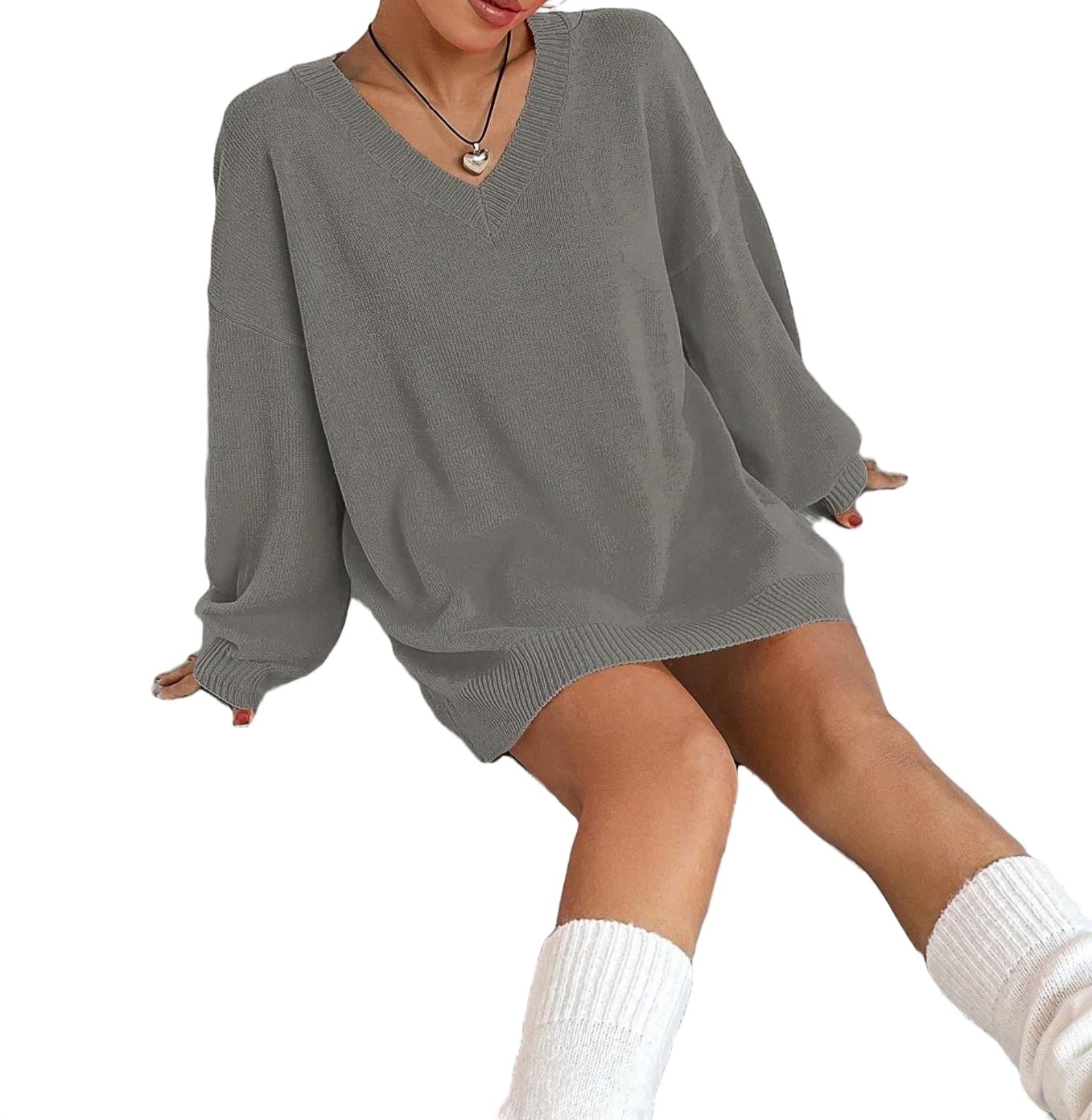 Casual solid V neck Pullovers Long Sleeve Grey Women Sweaters (Women's ...
