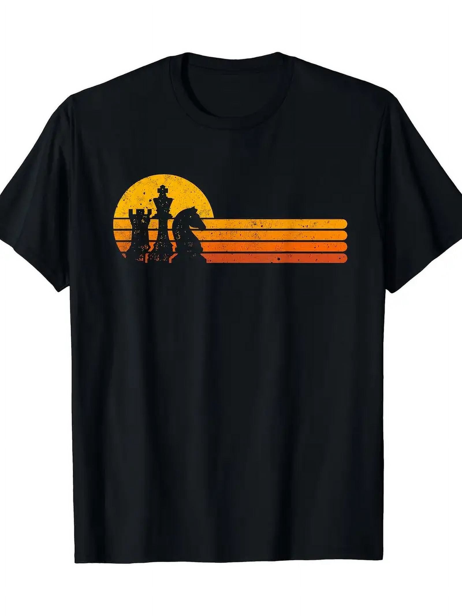 Casual t-shirt design with a retro chess player on a vintage sunset ...