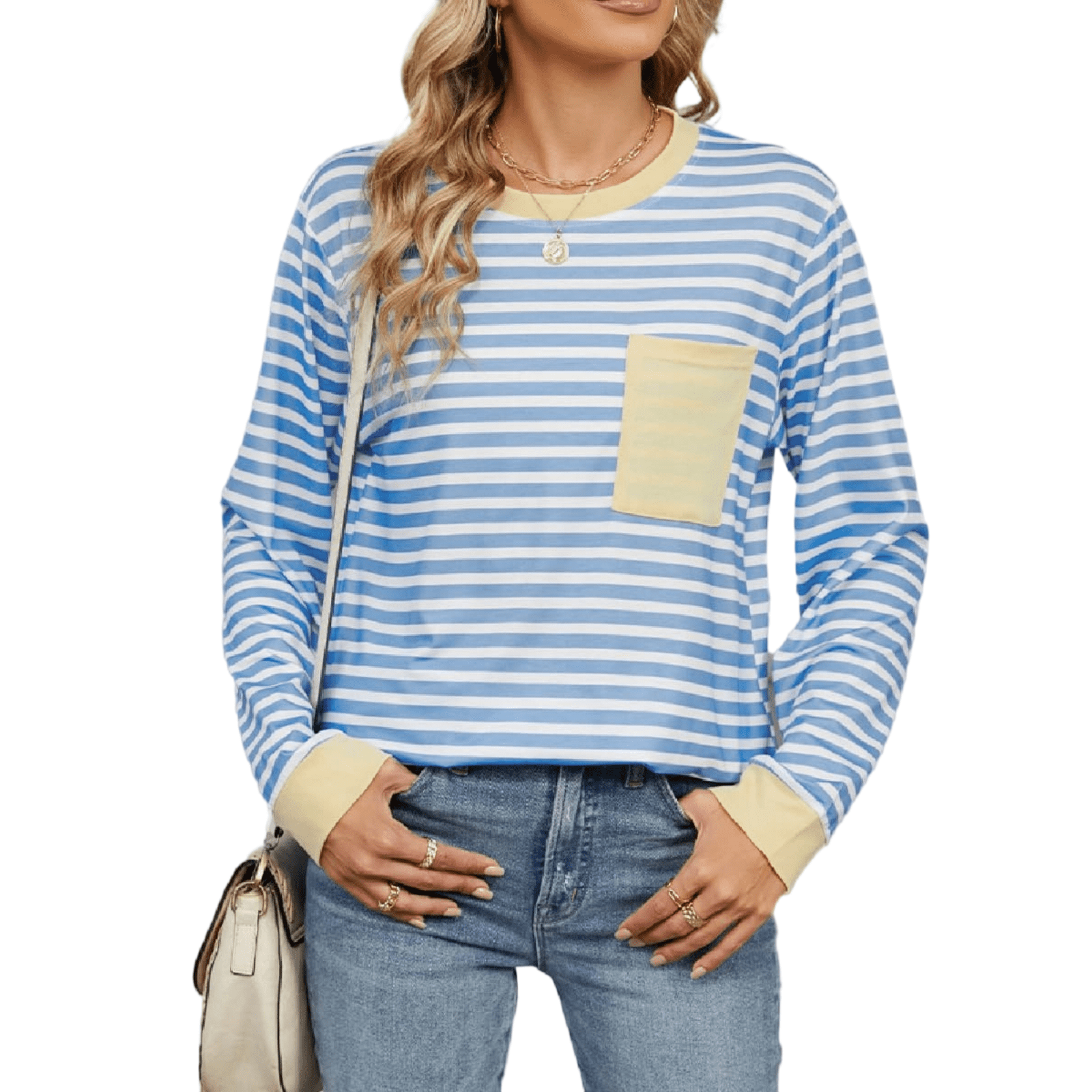 Casual women's blouse with long sleeves, striped round neck, loose fit ...