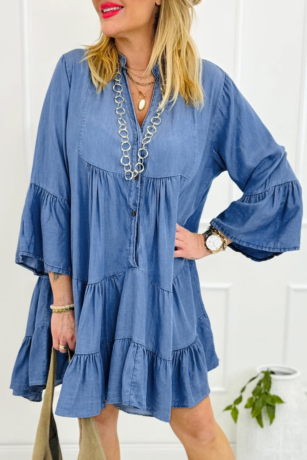 Casuashion Chic Blue Denim Mini Dress: Layered V-Neck Elegance ...