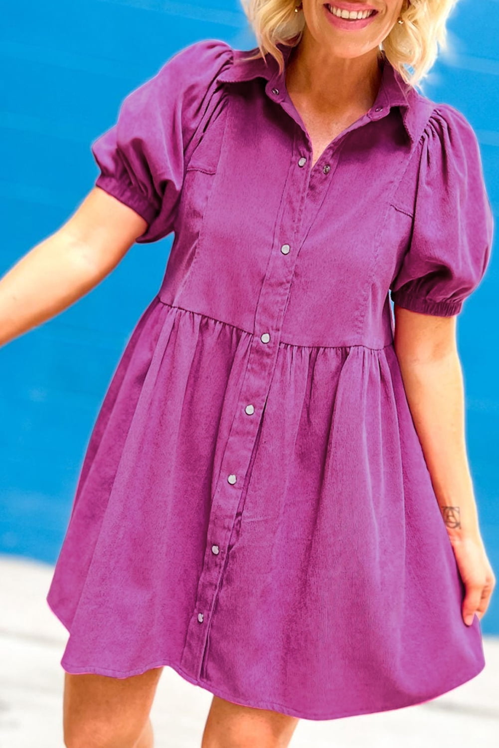 Casuashion Chic Red Puff Sleeve Collared Babydoll Dress - Walmart ...