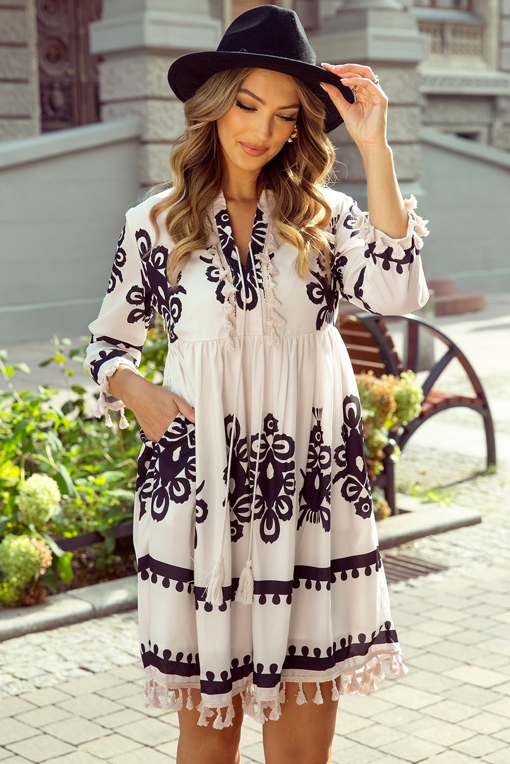 Casuashion Chic Western Mini Dress: Geometric Beige Pattern with Fringe ...