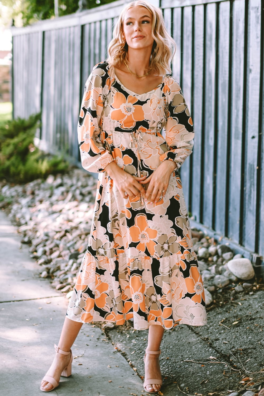 Casuashion Elegant Floral Maxi Dress - Drawstring Waist - Puff Sleeves ...