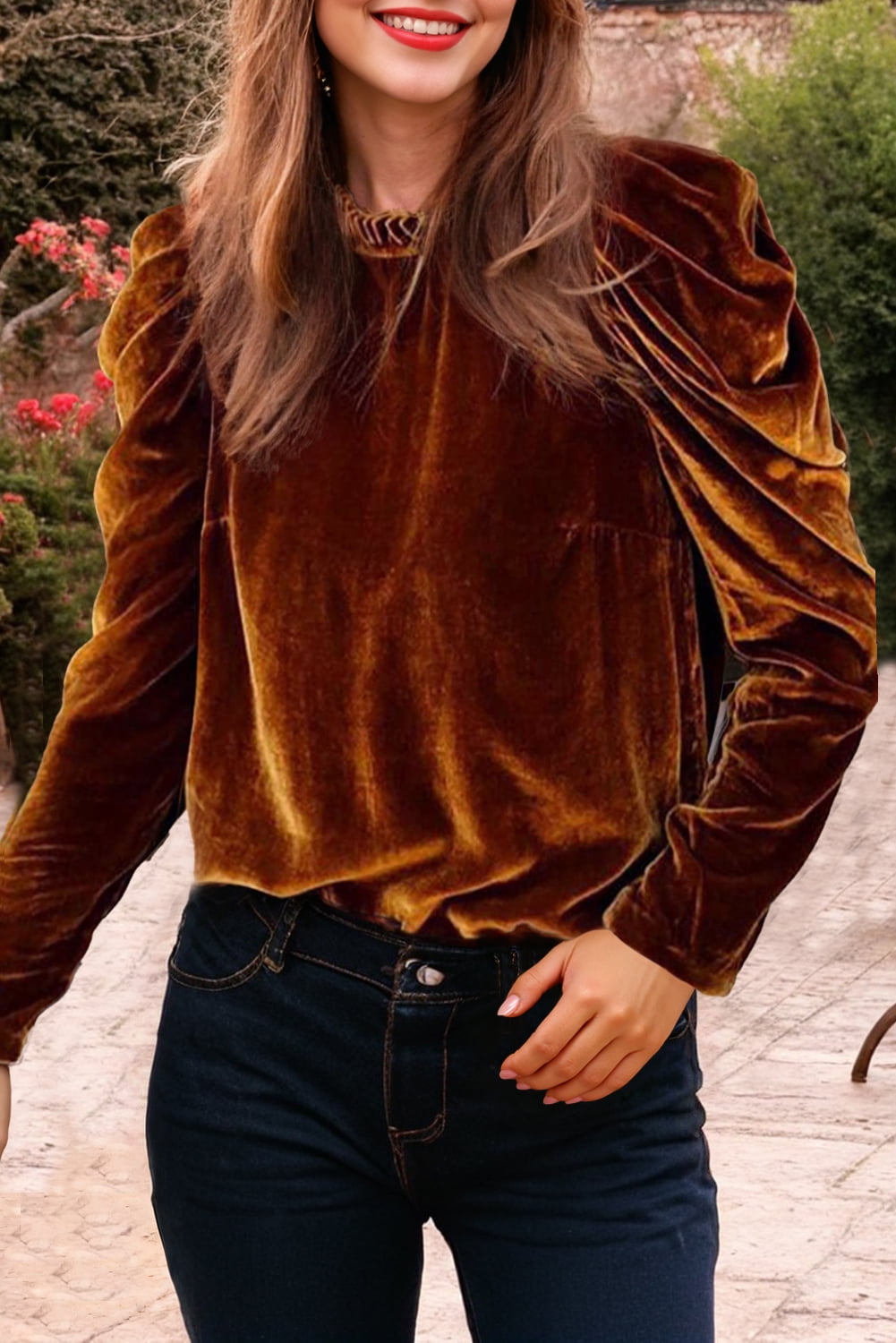 Casuashion Elegant Velvet Top: Puff Sleeves, Ruffle Collar - Perfect ...