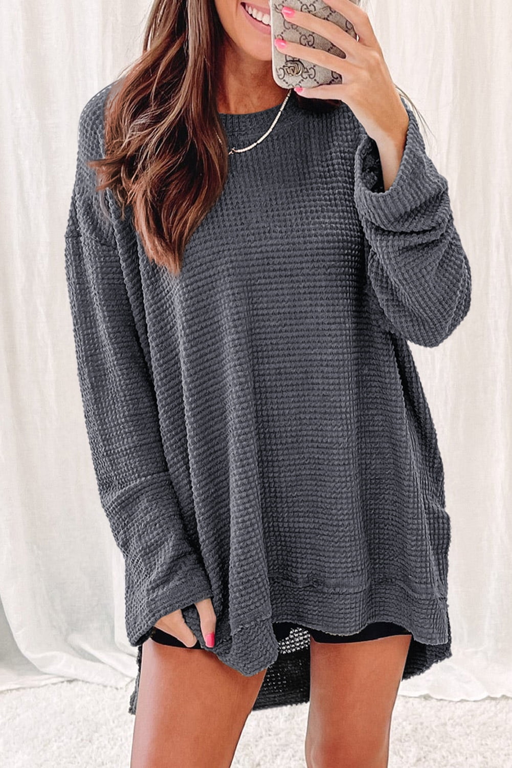 Casuashion Flattering Oversized Gray Waffle Knit Top - Elevate Your ...