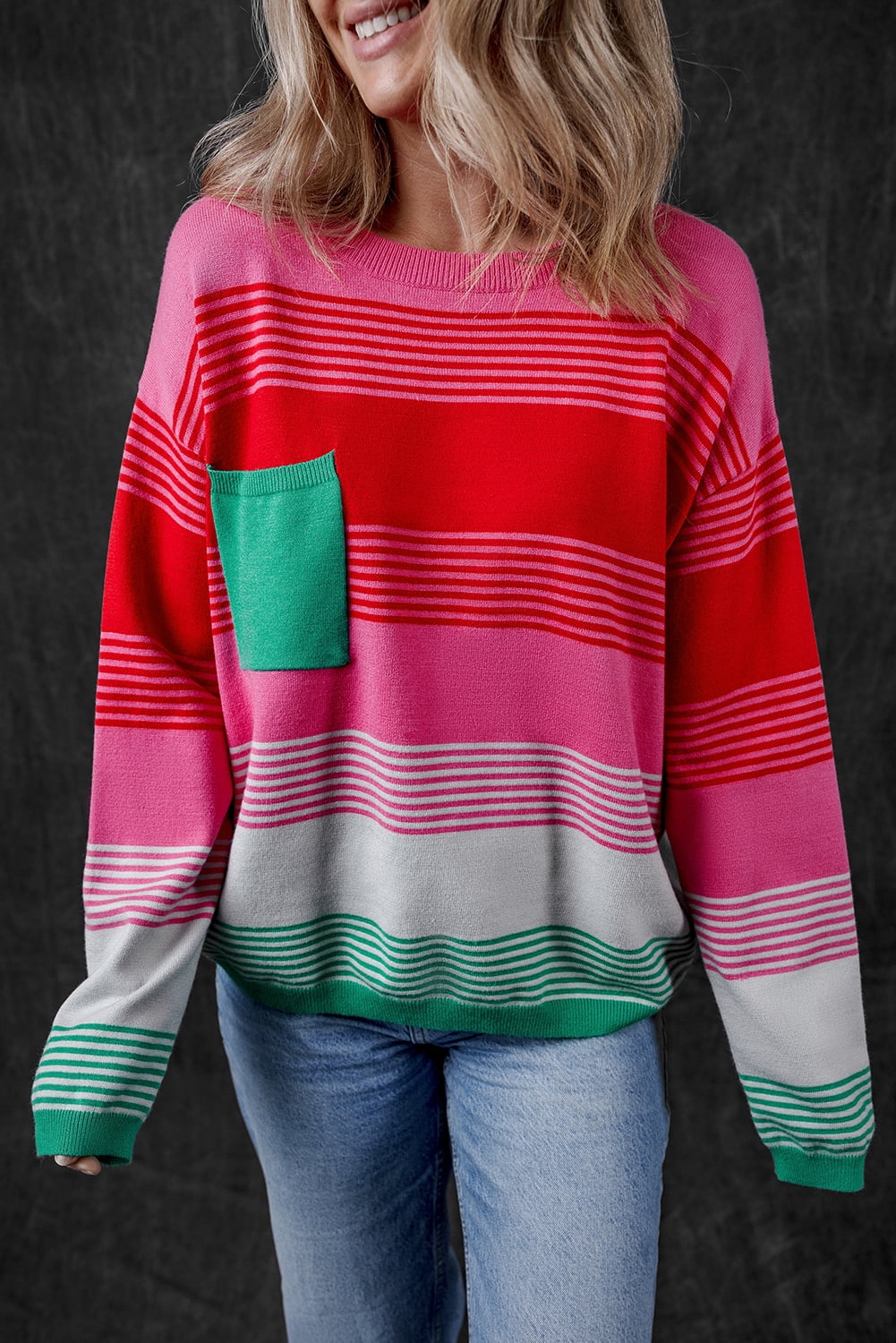 Casuashion Flirty Rose Striped Sweater - Drop Shoulder Chic - Walmart.com