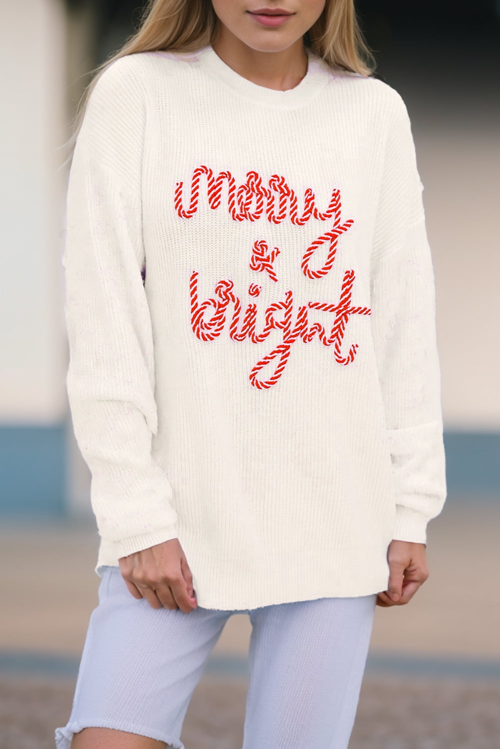 Casuashion Merry Bright! White Striped Knit Sweater - Festive Letter ...