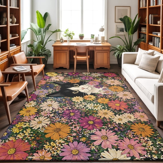 Cat 2.7'x5' Rug for Office Desk Chair Area Small Bedroom, Sunflowers ...