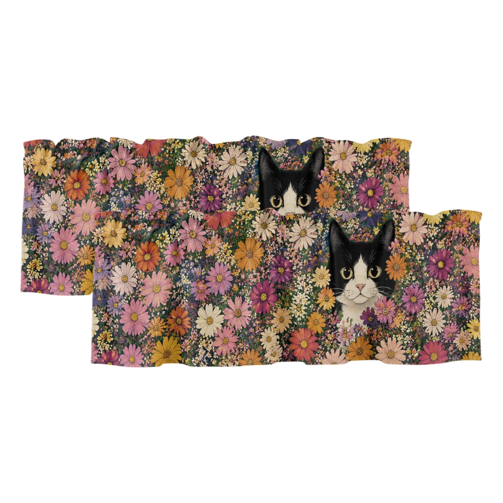 Cat 2 Panels Kitchen Valance, Sunflowers Daisy Leaves Boho Floral ...