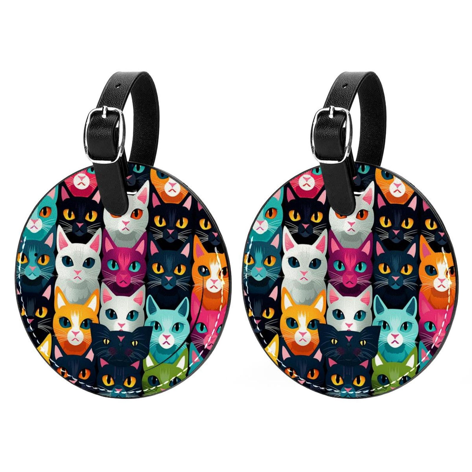 Cat 2Pcs PU Leather Round Luggage Tags with Privacy Cover and Name ID ...