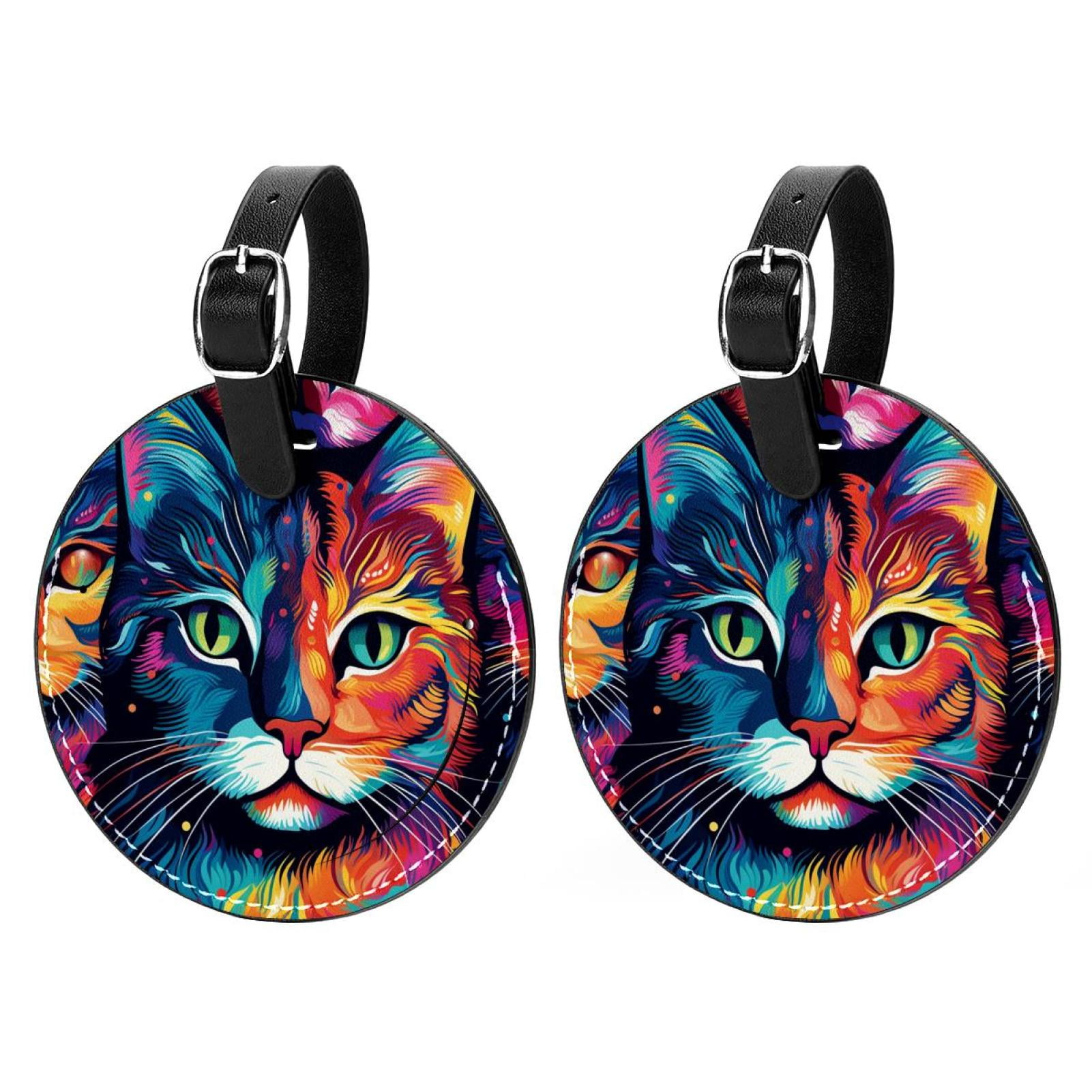 Cat 2Pcs PU Leather Round Luggage Tags with Privacy Cover and Name ID ...