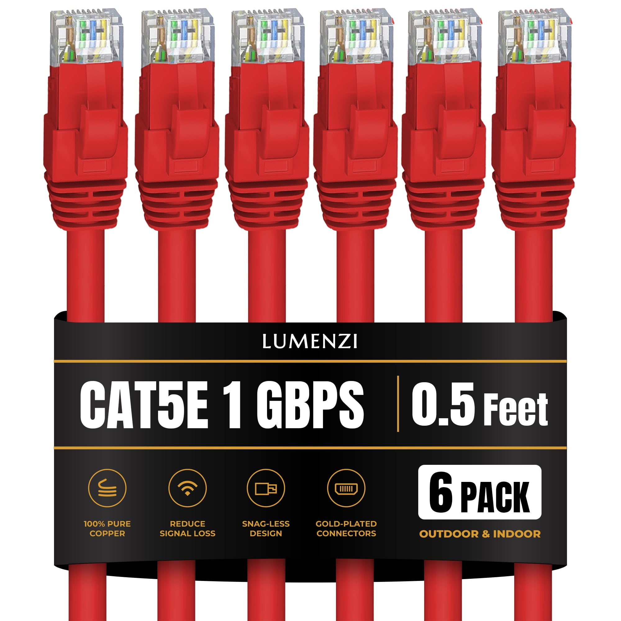 Cat 5e Ethernet Cable 0.5 FT in Red 6 Pack 1 Gbps Speed Network Short ...