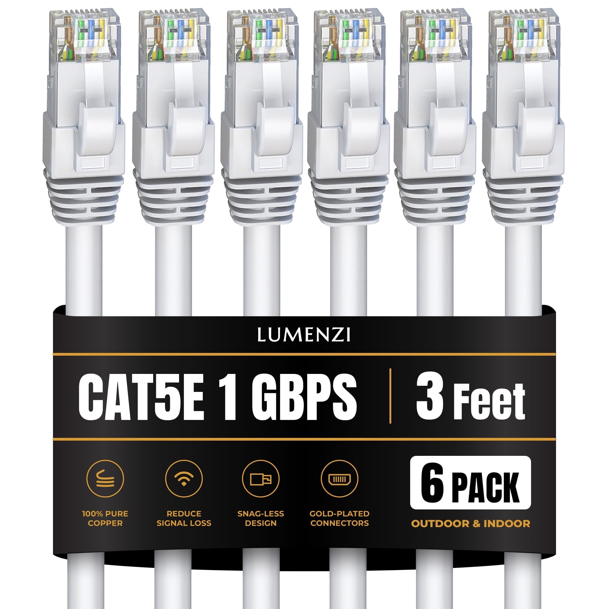Cat 5e Ethernet Cable 3 FT in White 6 Pack 1 Gbps Speed Network Short ...