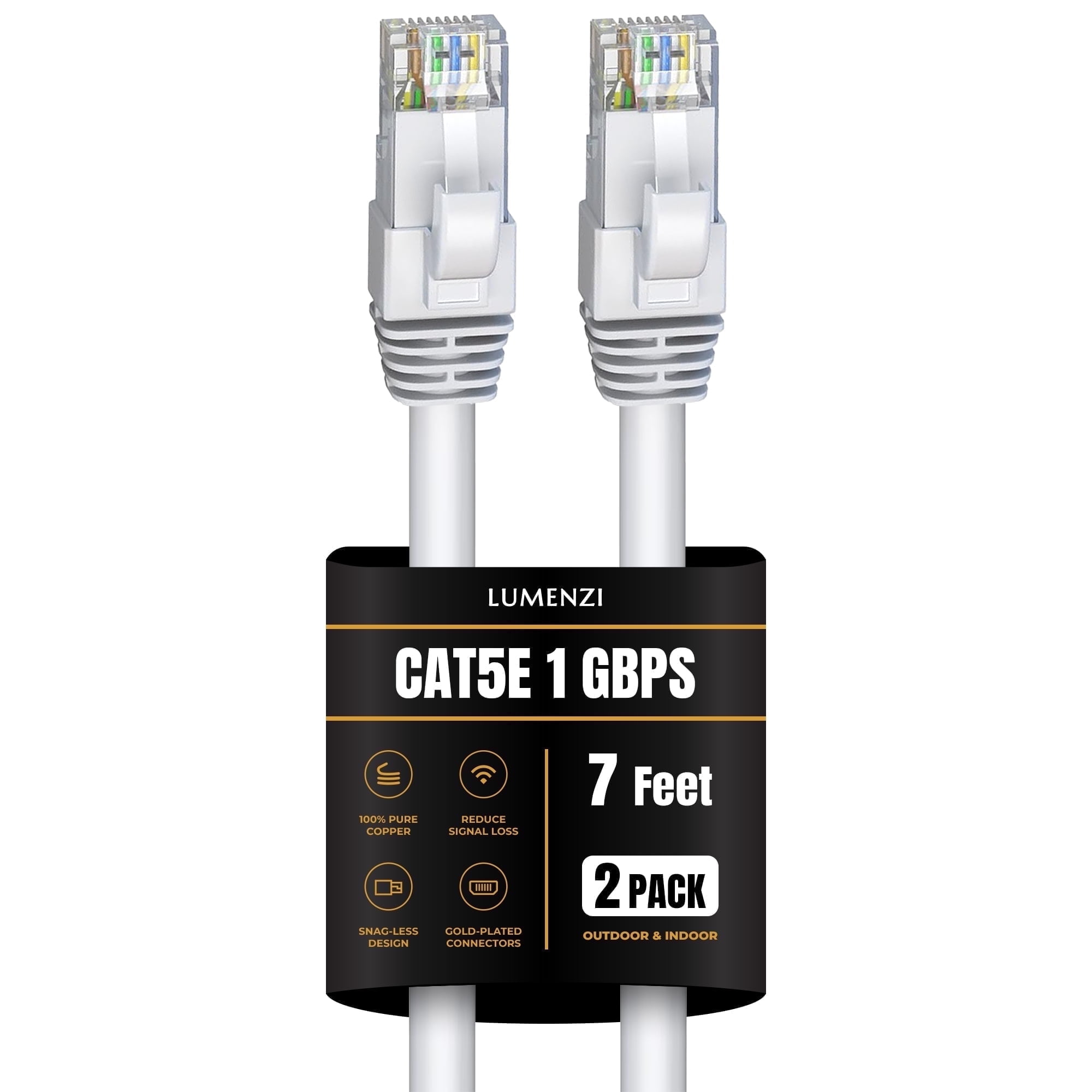 Cat 5e Ethernet Cable 7 FT in White 2 Pack 1 Gbps Speed Network Round ...