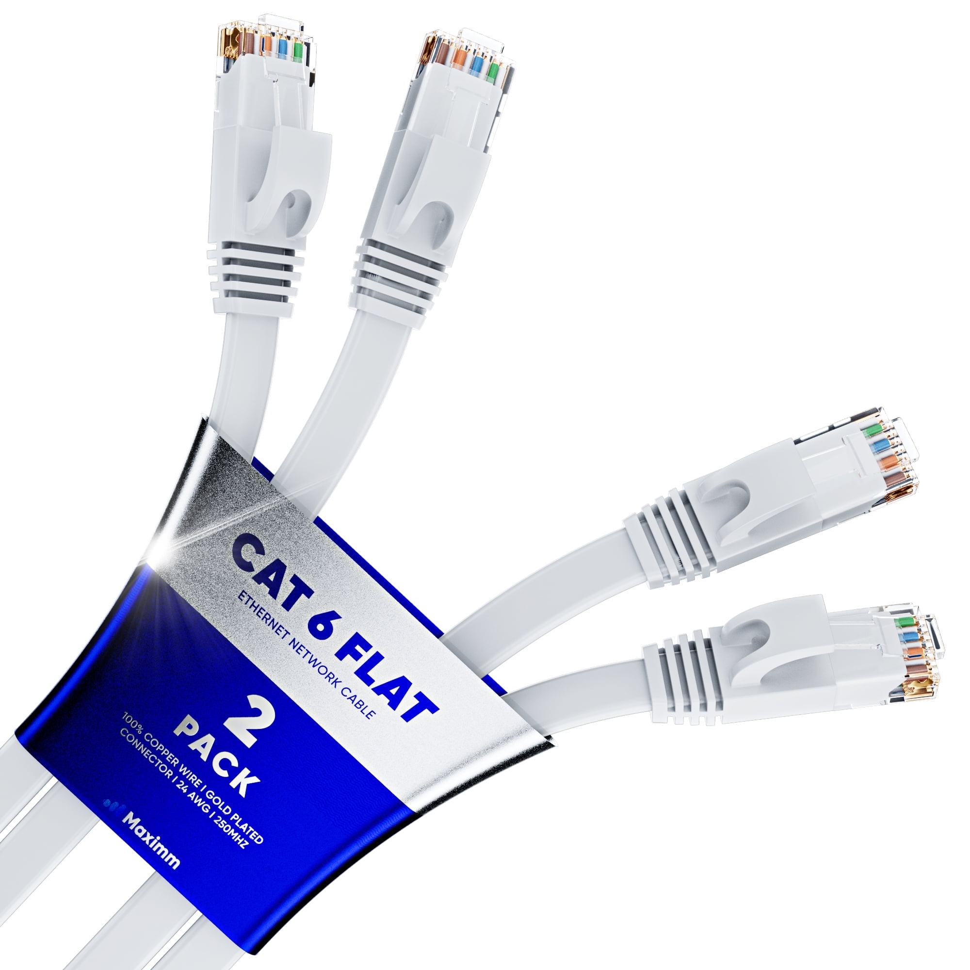 Cat6 Ethernet Cable 1.5ft, 2-Pack White - Flat High-Speed Network ...
