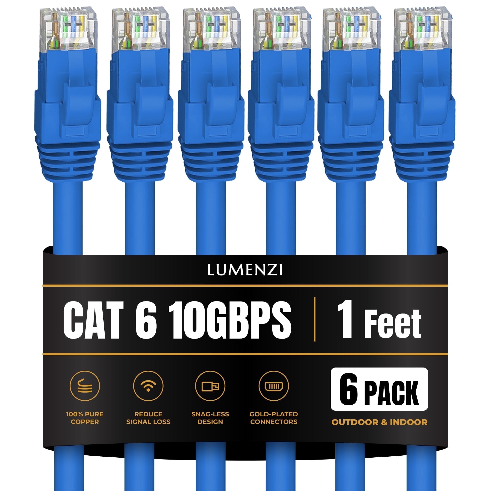 Cat 6 Ethernet Cable, 1 ft, Blue, 6 Pack, 10 Gbps Round RJ45 LAN Patch ...